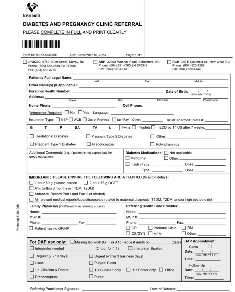 Fraser Health Diabetes in Pregnancy referral eForm updated to 2023 ...