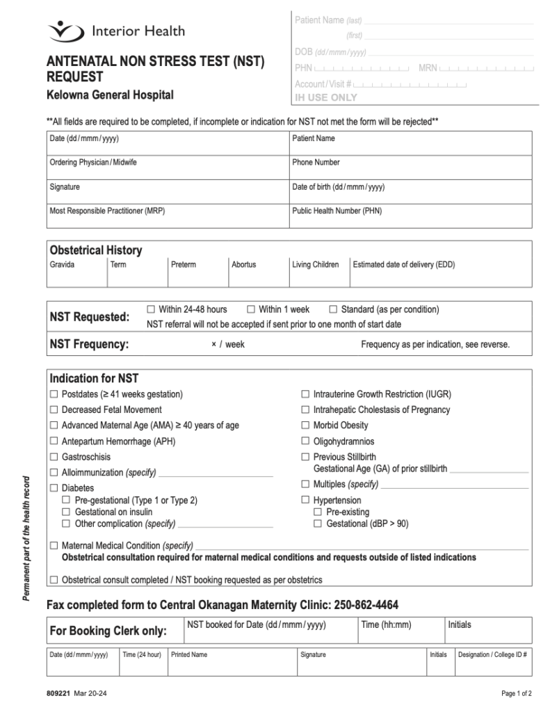 Interior Health Antenatal Non-Stress Test (NST) Requisition Kelowna ...