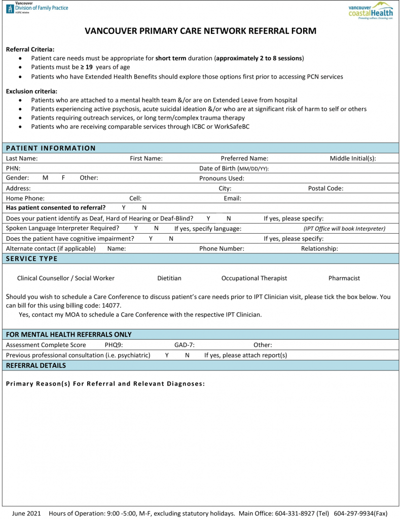 Vancouver Primary Care Network Referral Form 2021 – The Oscar Galaxy