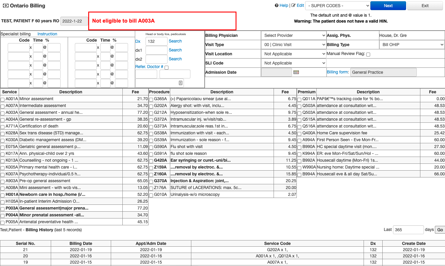 Ontario Billing Screen – The Oscar Galaxy