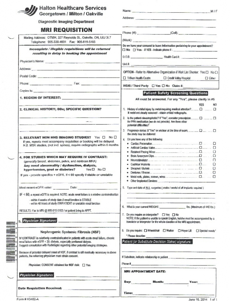 Halton Healthcare (Oakville, Milton, Georgetown) MRI requisition eForm – The Oscar Galaxy