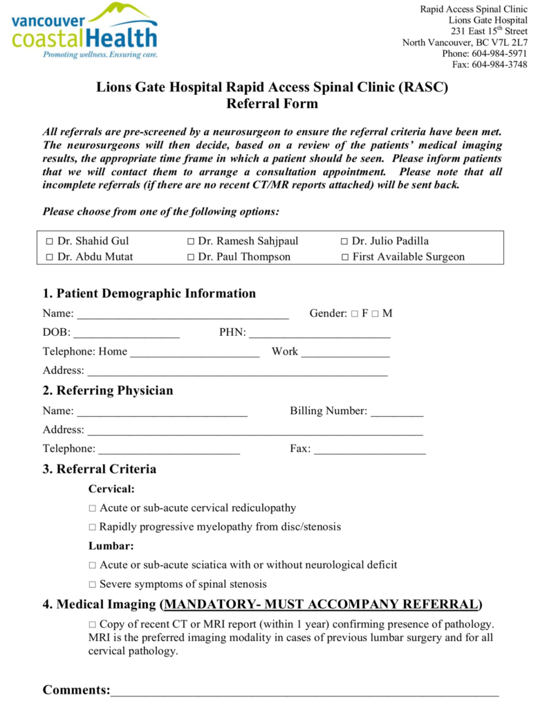 Lions Gate Hospital Rapid Access Spinal Clinic (RASC) Referral Form ...