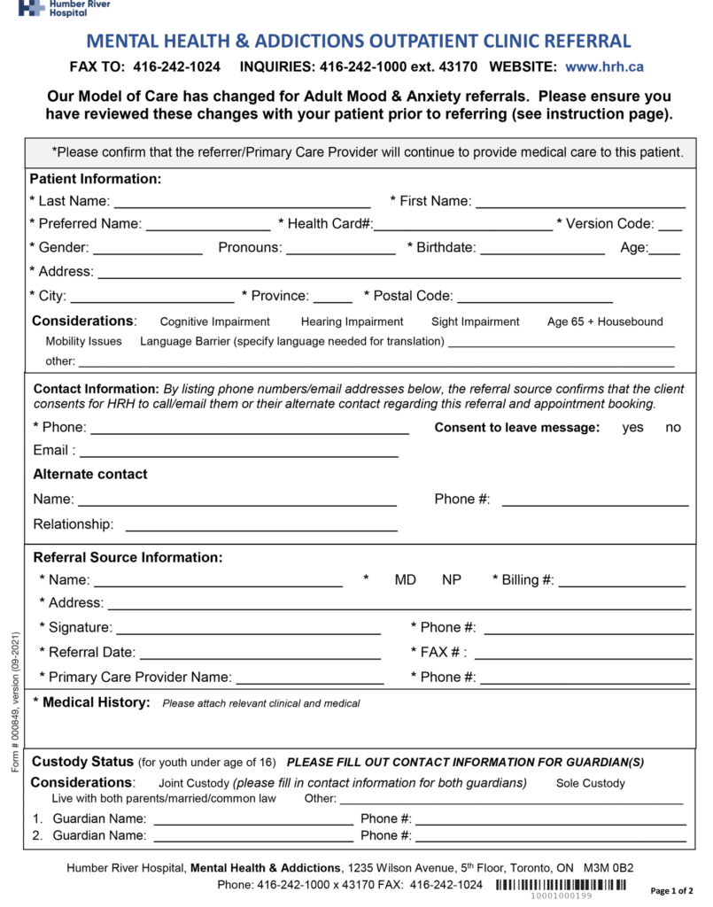 MENTAL HEALTH & ADDICTIONS OUTPATIENT CLINIC REFERRAL Humber River Hospital – The Oscar Galaxy