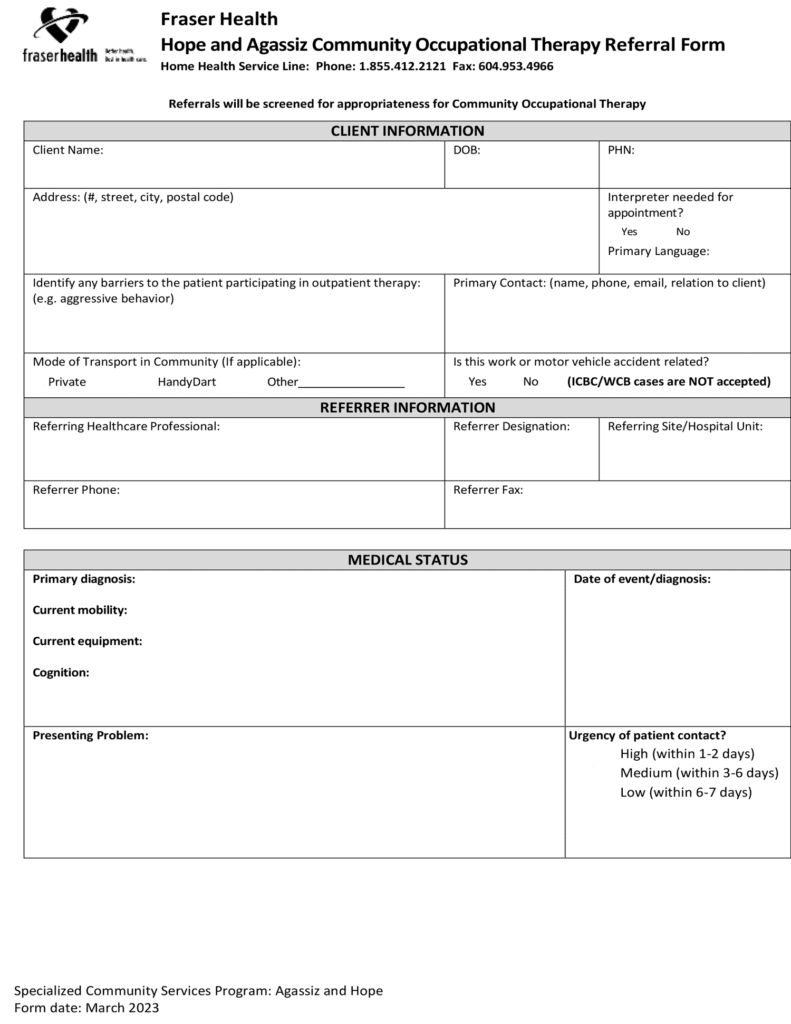 Fraser Health Hope Agassiz Outpatient OT Referral 2023 – The Oscar Galaxy