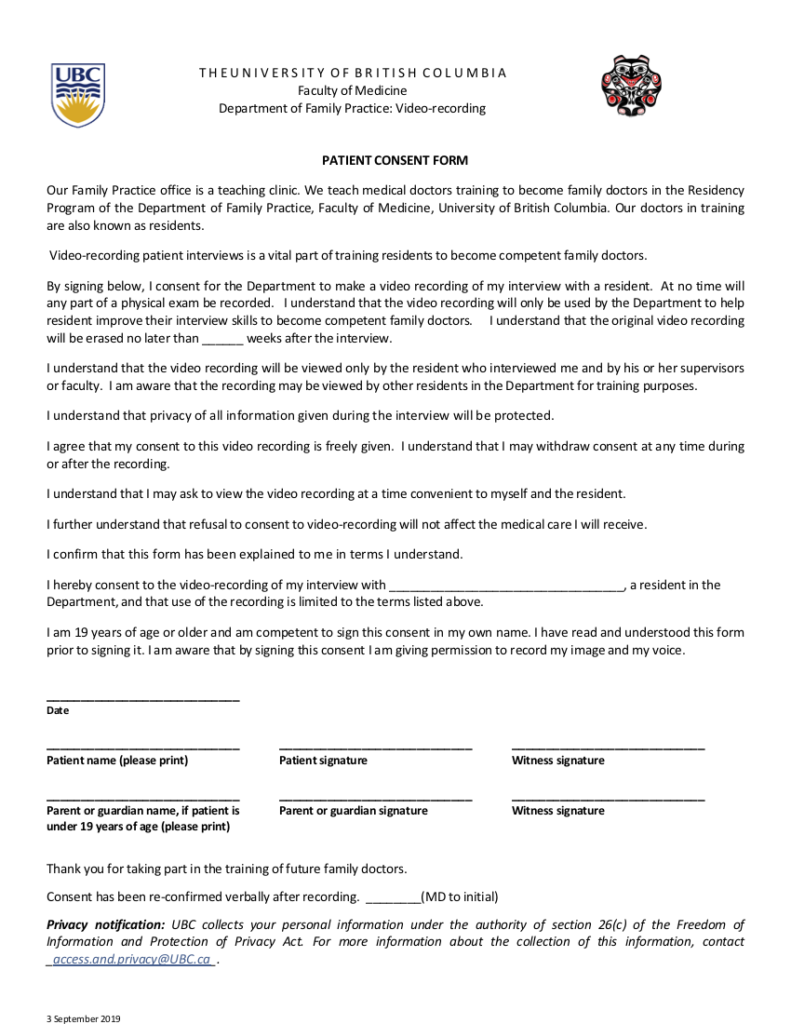 UBC Faculty of Medicine Video-recording Patient Consent Form – The ...
