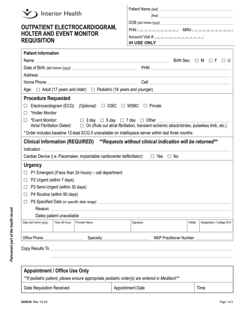 Interior Health Authority Outpatient Electrocardiogram (ECG), Holter ...