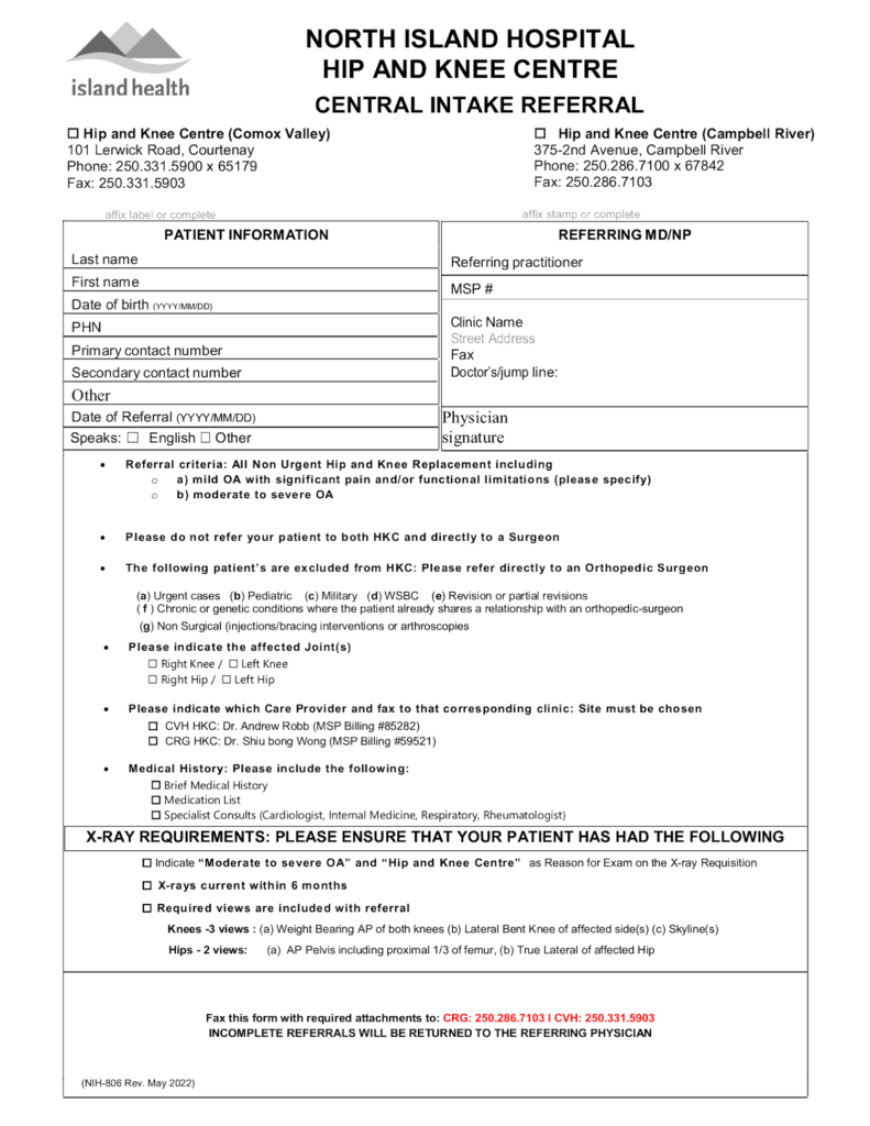 North Island Hospital Hip and Knee Centre Central Intake Referral – The Oscar Galaxy