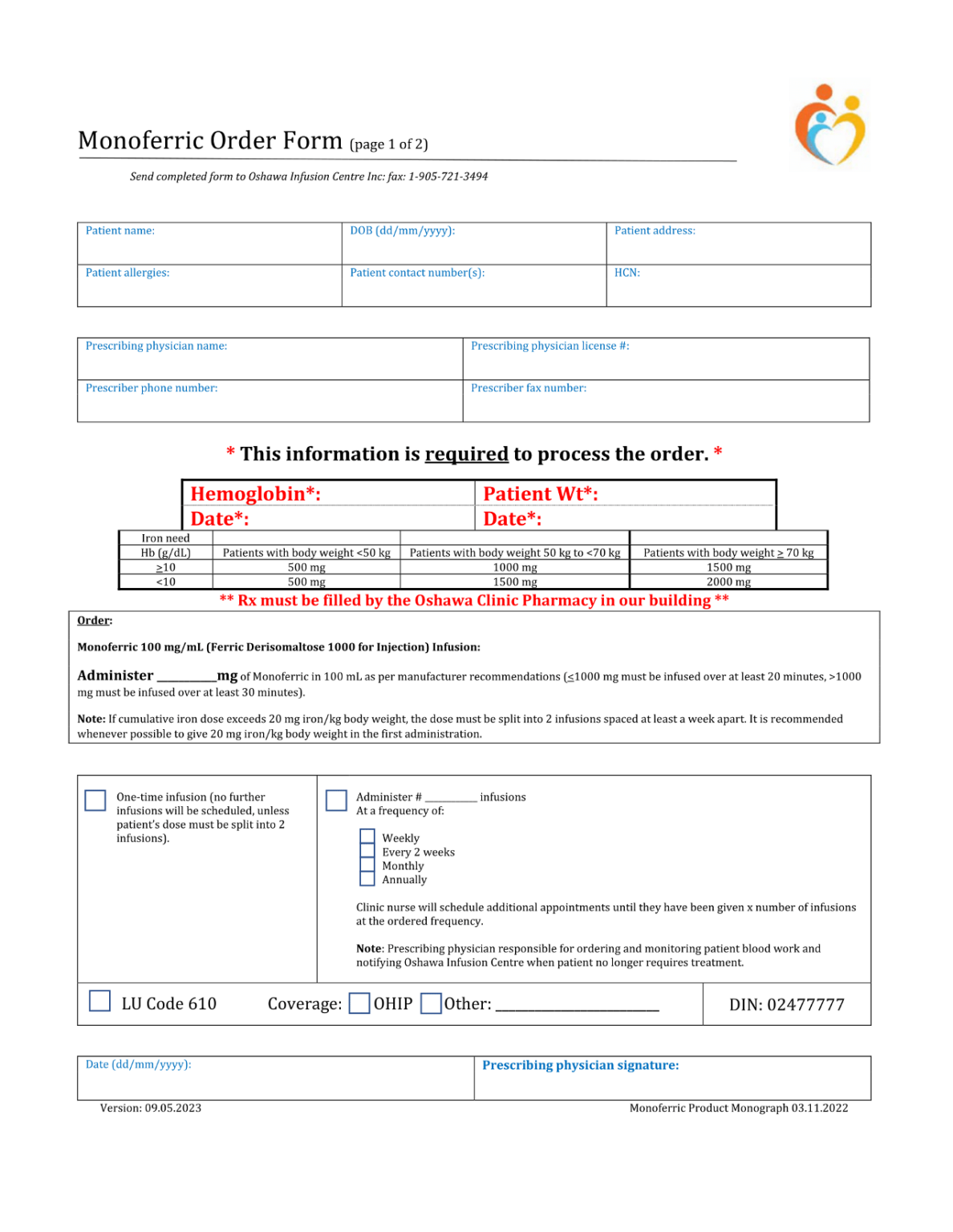 Monoferric Order Form – Oshawa Infusion Centre – 2023 – The Oscar Galaxy