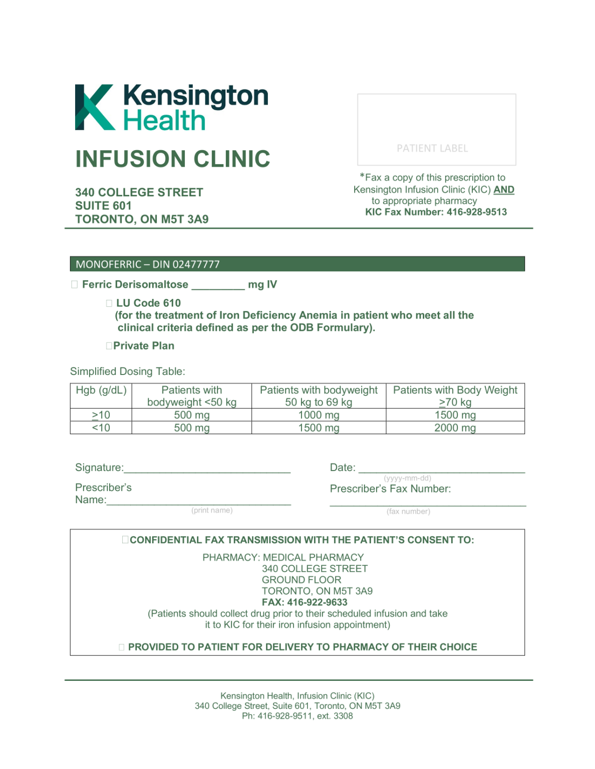 Monoferric Order Form – Kensington Health Infusion Clinic – The Oscar ...