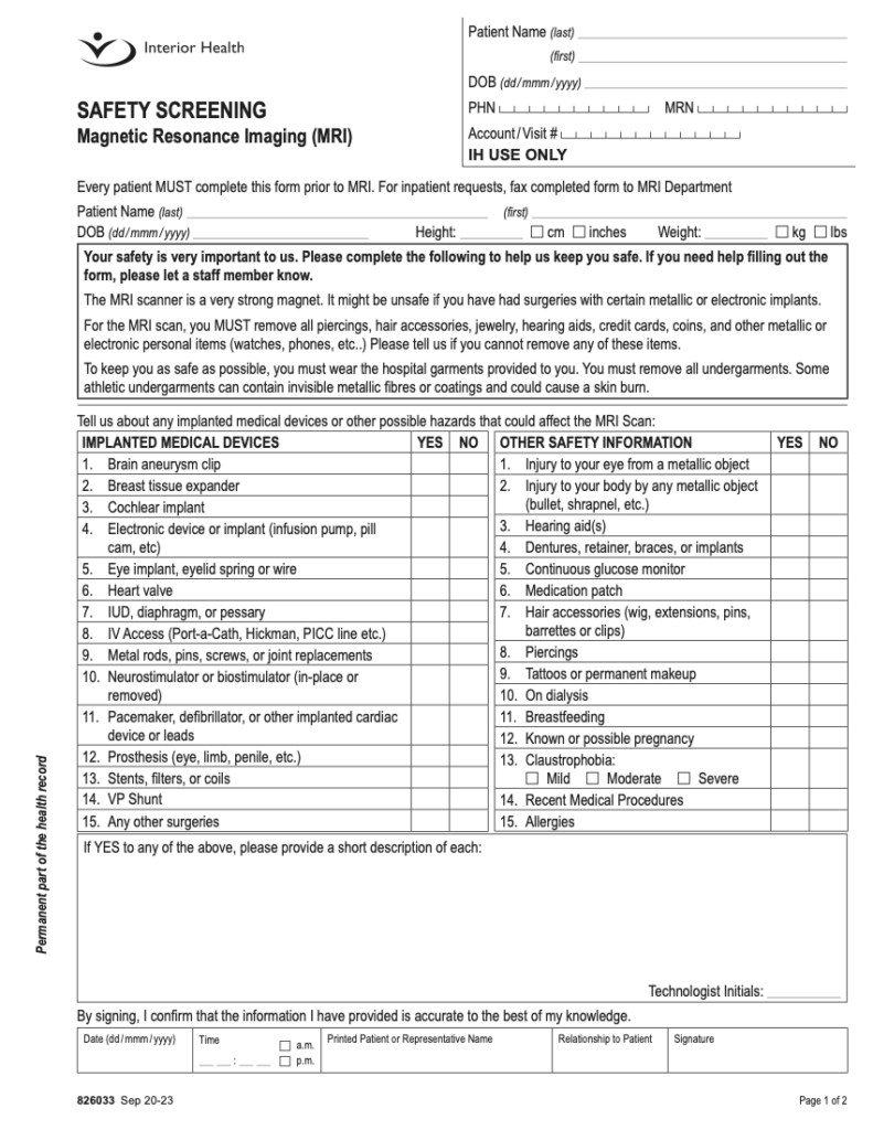 Interior Health MRI Safety Screening eFORM – The Oscar Galaxy