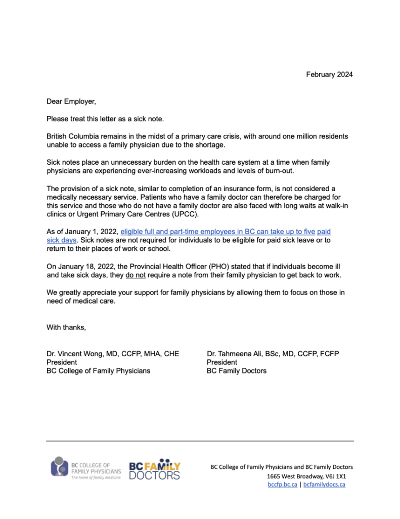 Sick Note: BC College of FP and BC Family Doctors version – The Oscar ...