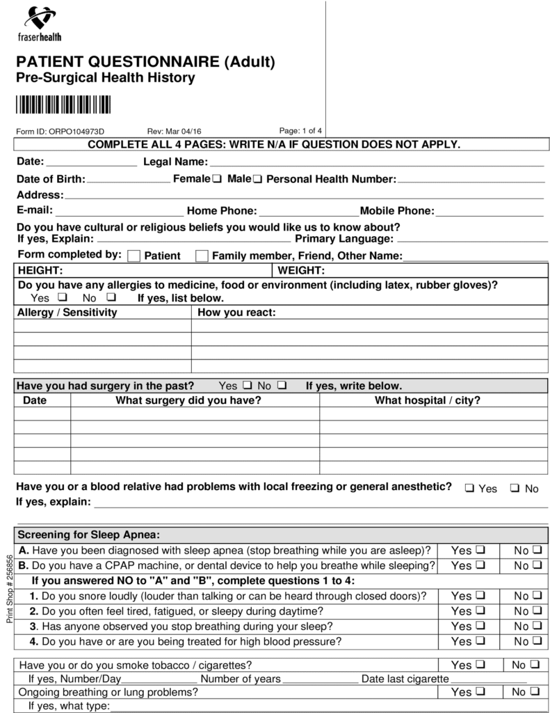 Fraser Health Pre Op Patient Questionnaire – The Oscar Galaxy
