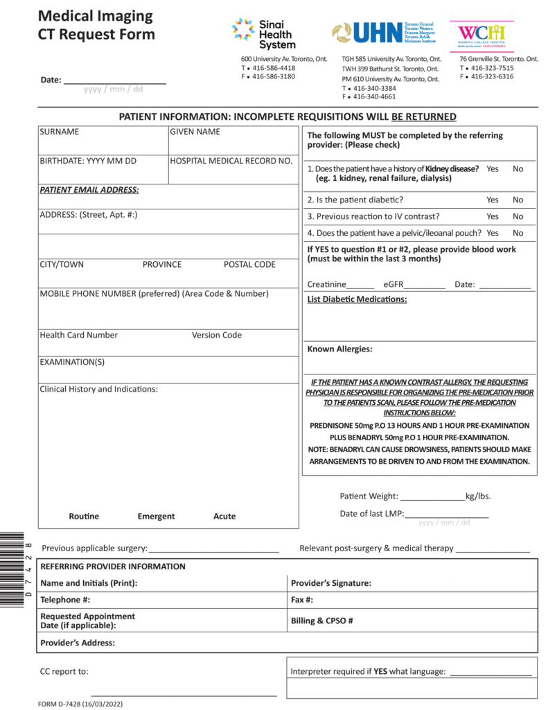 Medical Imaging CT Request Form for Sinai Health System, UHN and WHC ...