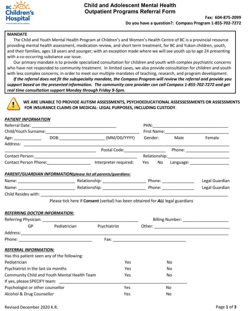 Child Adolescent Mental Health Referral BC Children’s Hospital 2022 ...