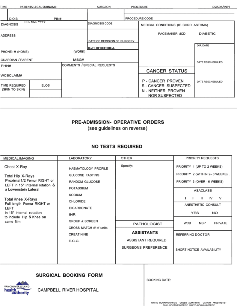 Campbell River Surgical Booking Form – The Oscar Galaxy