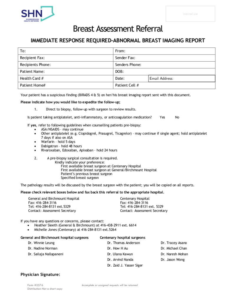 Scarborough Health Network (SHN) Breast Assessment Referral eForm – The ...
