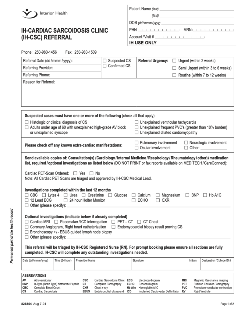 Interior Health (IHA) Cardiac Sarcoidosis Clinic (CSC) Referral eFORM ...