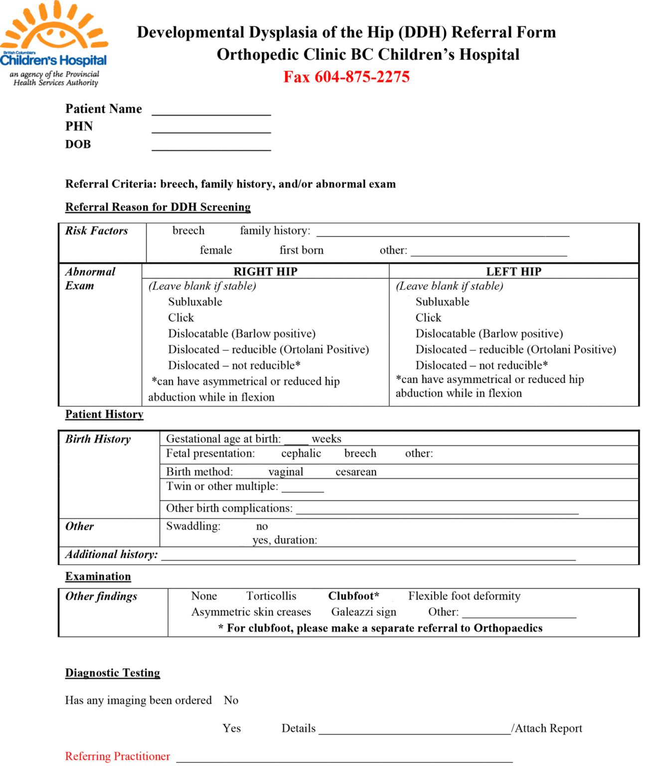 BC Children’s Hospital Developmental Dysplasia of the Hip Referral form ...