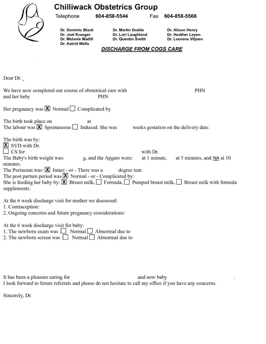 Chilliwack Obstetrics Group Discharge Summary – The Oscar Galaxy