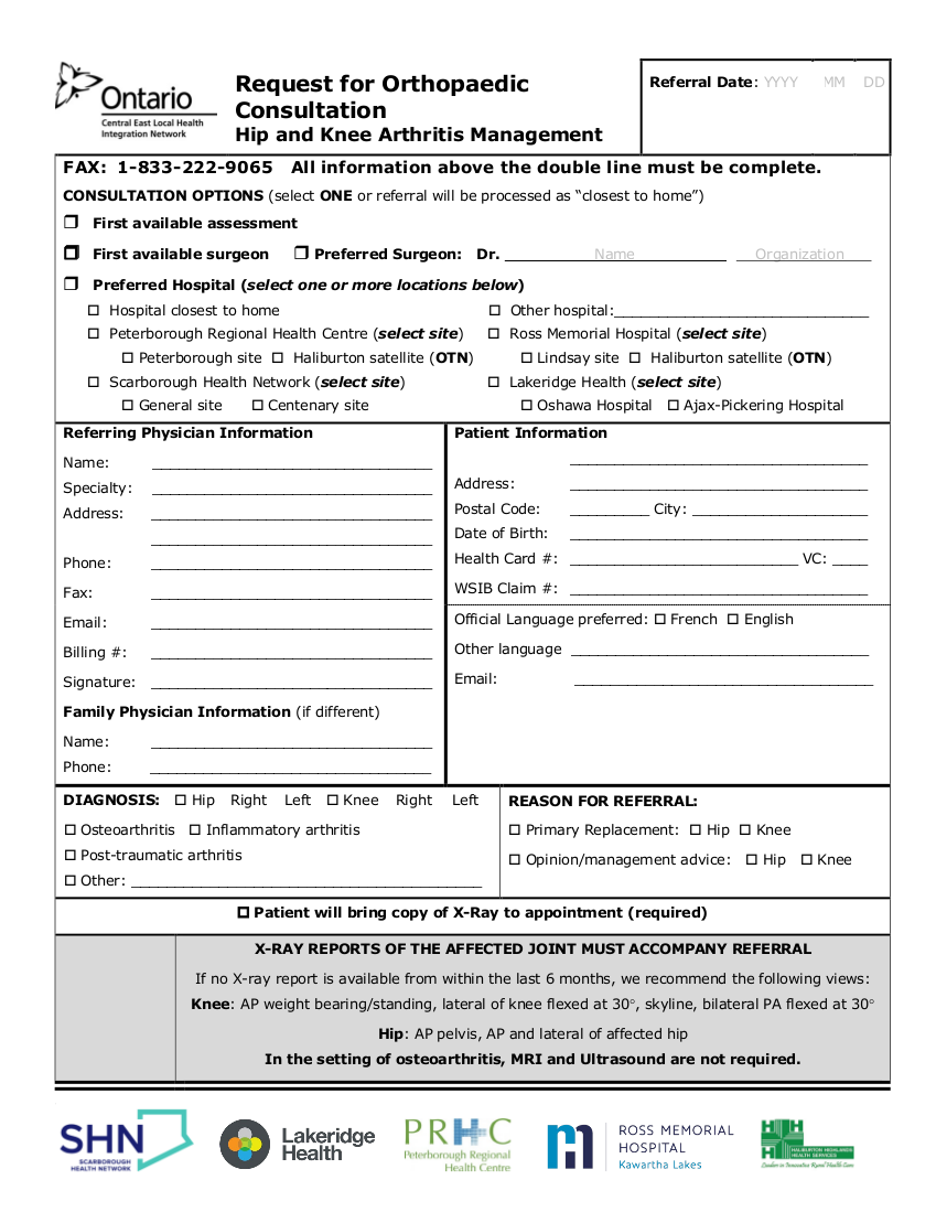 Request for Orthopaedic Consultation Hip and Knee Arthritis Management ...